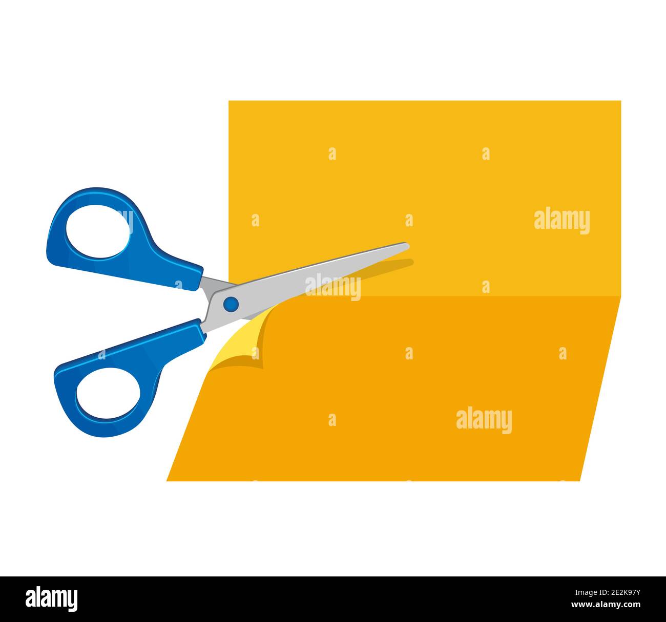 Scissors cut colored paper. Scissors cutting a paper sheet in two parts ...