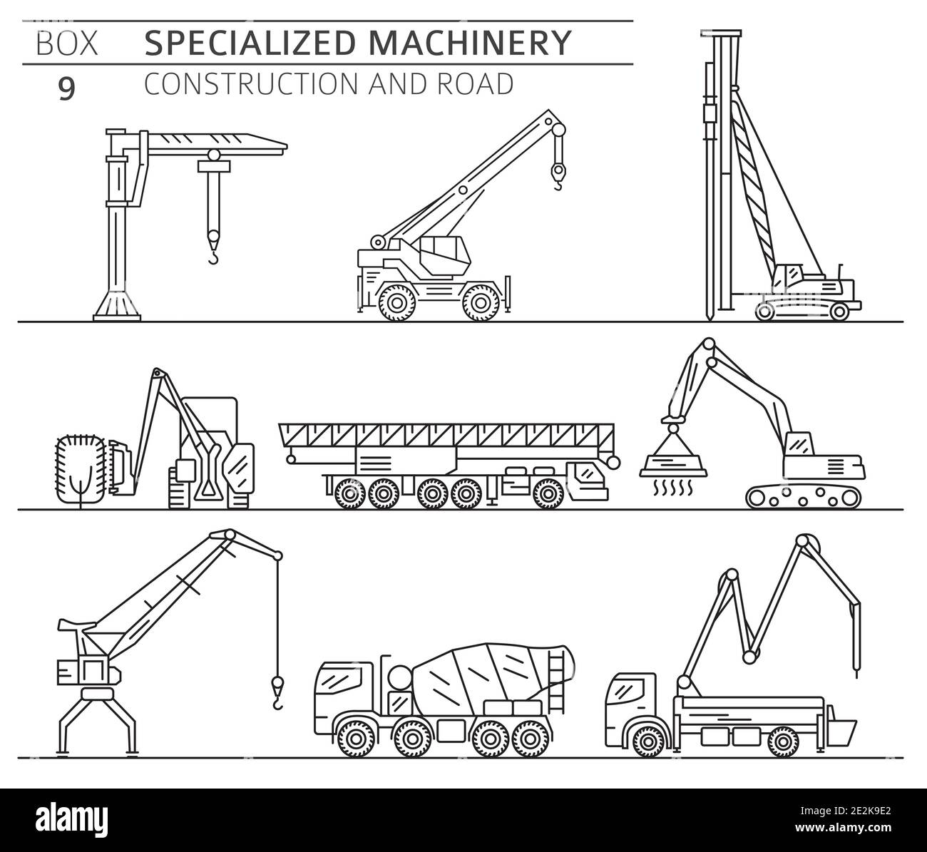Special industrial construction and road machine linear vector icon set ...