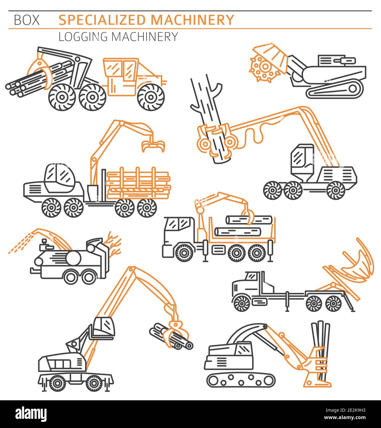 Special industrial logging machine linear vector icon set isolated on ...