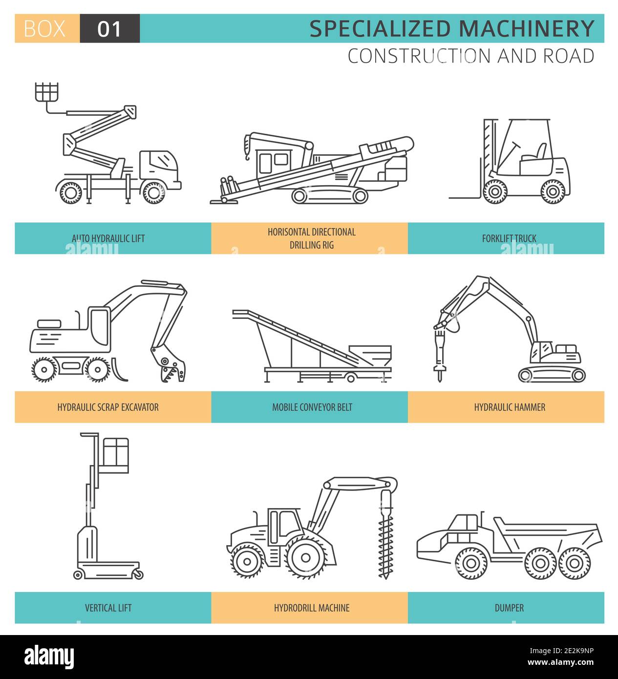 Special industrial construction and road machine linear vector icon set ...