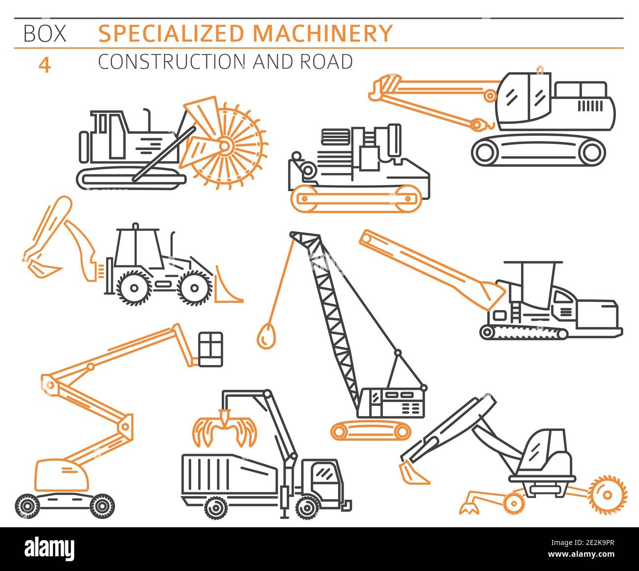 Special industrial construction and road machine linear vector icon set ...