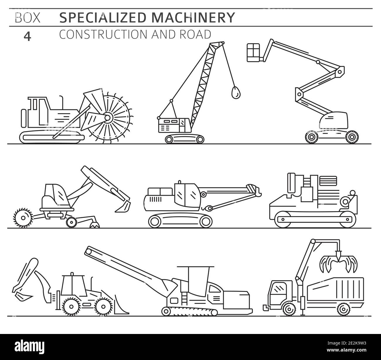 Special industrial construction and road machine linear vector icon set ...