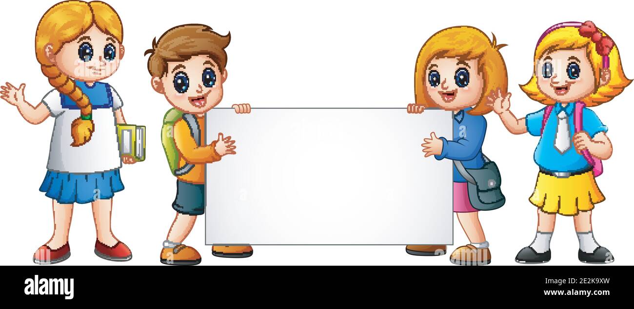 Vector illustration of Cartoon school kids with blank sign Stock Vector ...