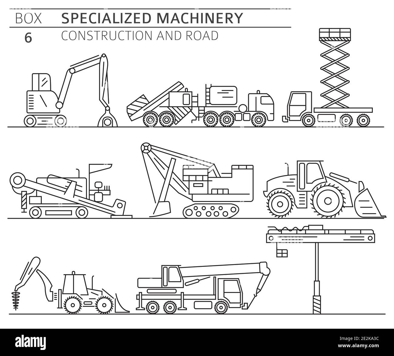 Special industrial construction and road machine linear vector icon set ...