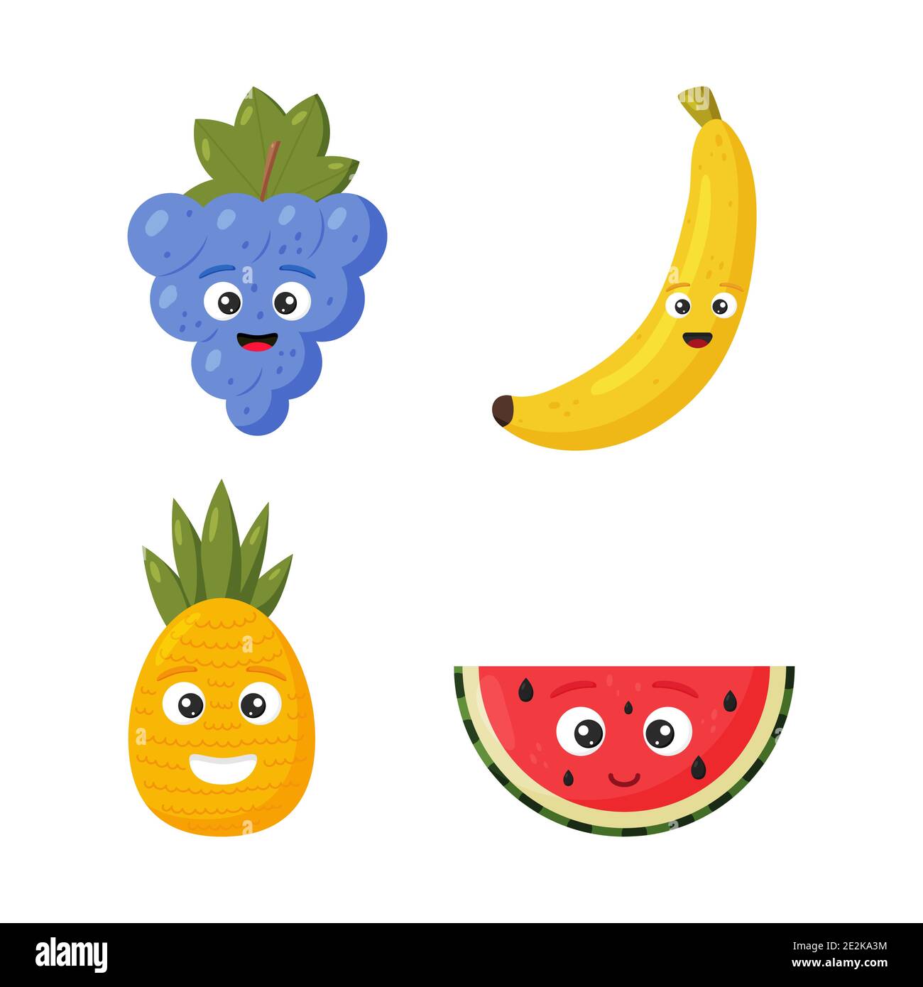Vector illustration. Set happy cute watermelon, pineapple, grape and ...