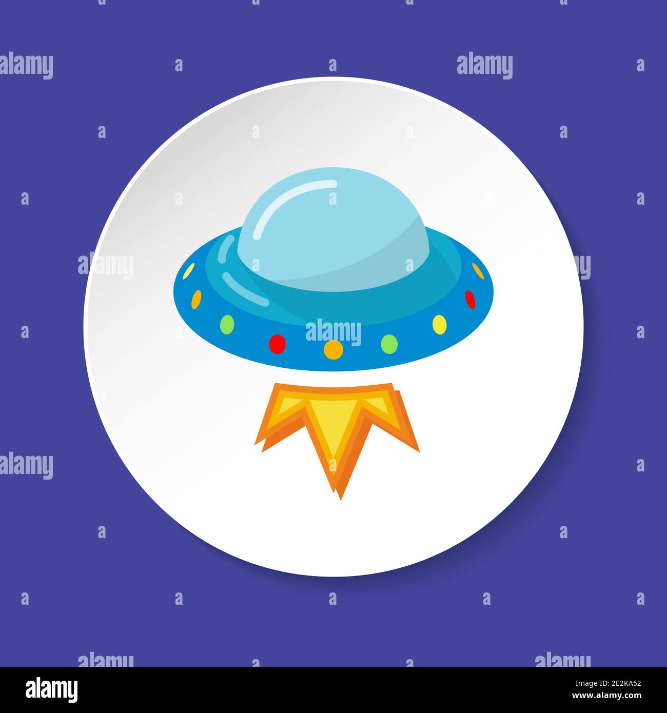 Ufo spaceship icon in flat style on round button. Flying saucer symbol ...