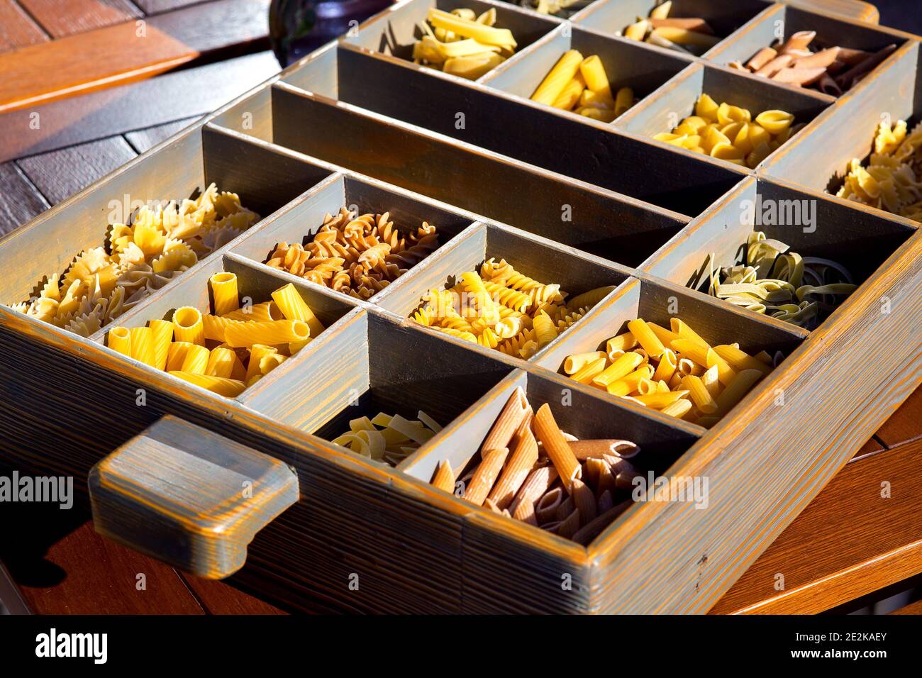 Italian pasta collection in wooden box Stock Photo - Alamy