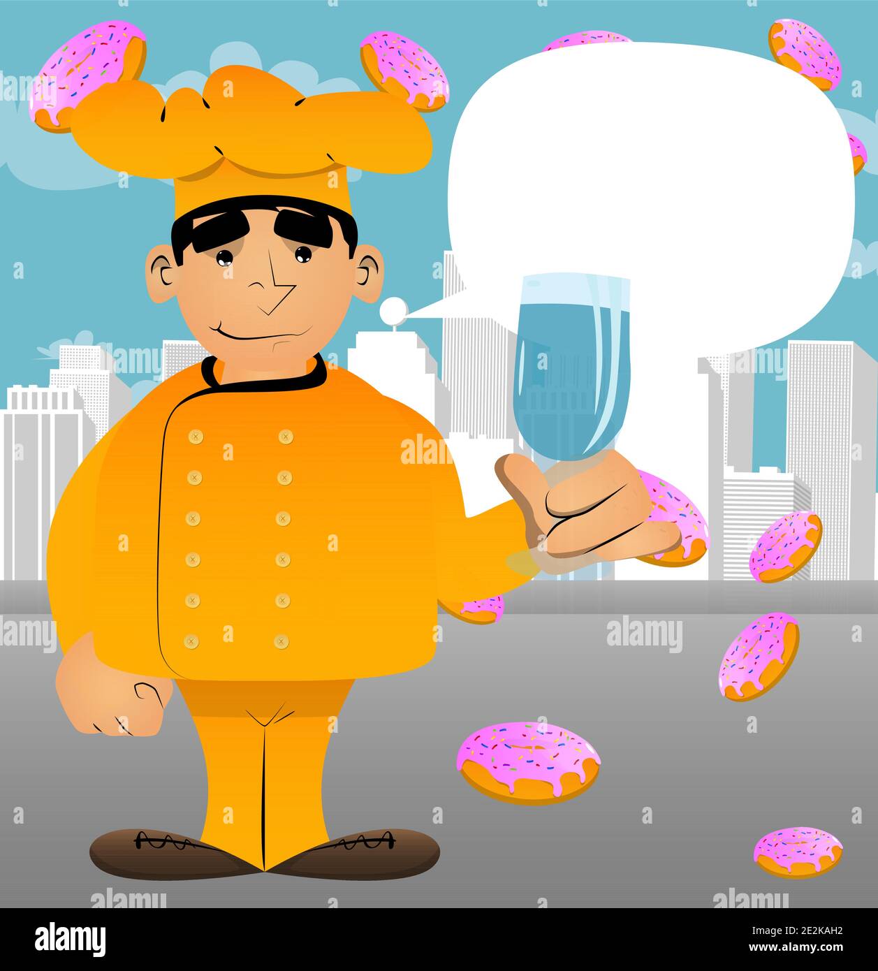 Fat male cartoon chef in uniform with a glass of water. Vector ...