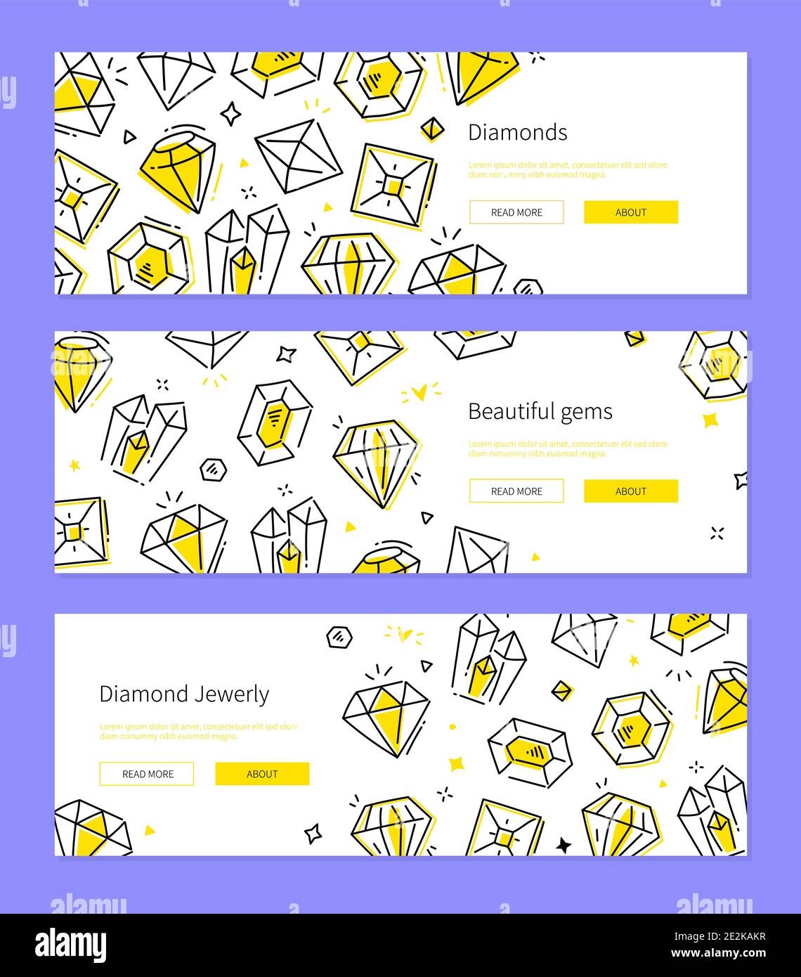 Diamond jewelry - set of line design style banners with hand-drawn ...