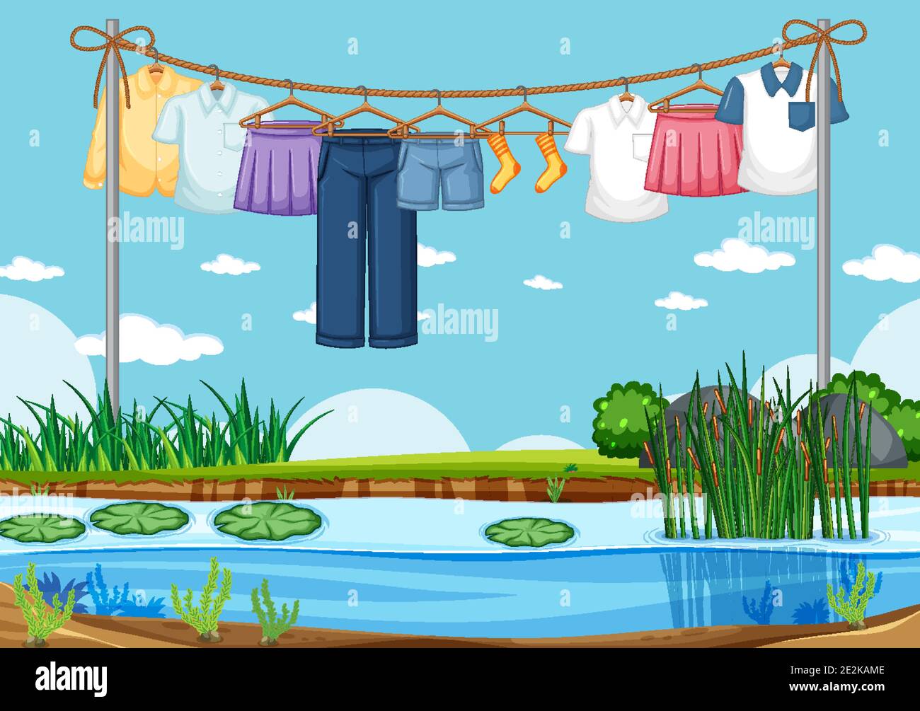 Clothes drying and hanging outdoor background illustration Stock Vector ...