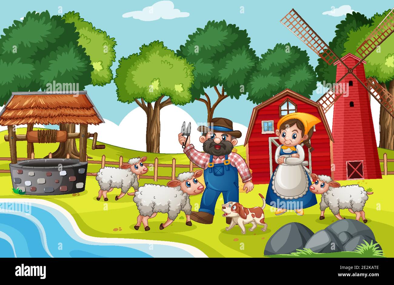 Old MacDonald in a farm nursery rhymes scene illustration Stock Vector ...