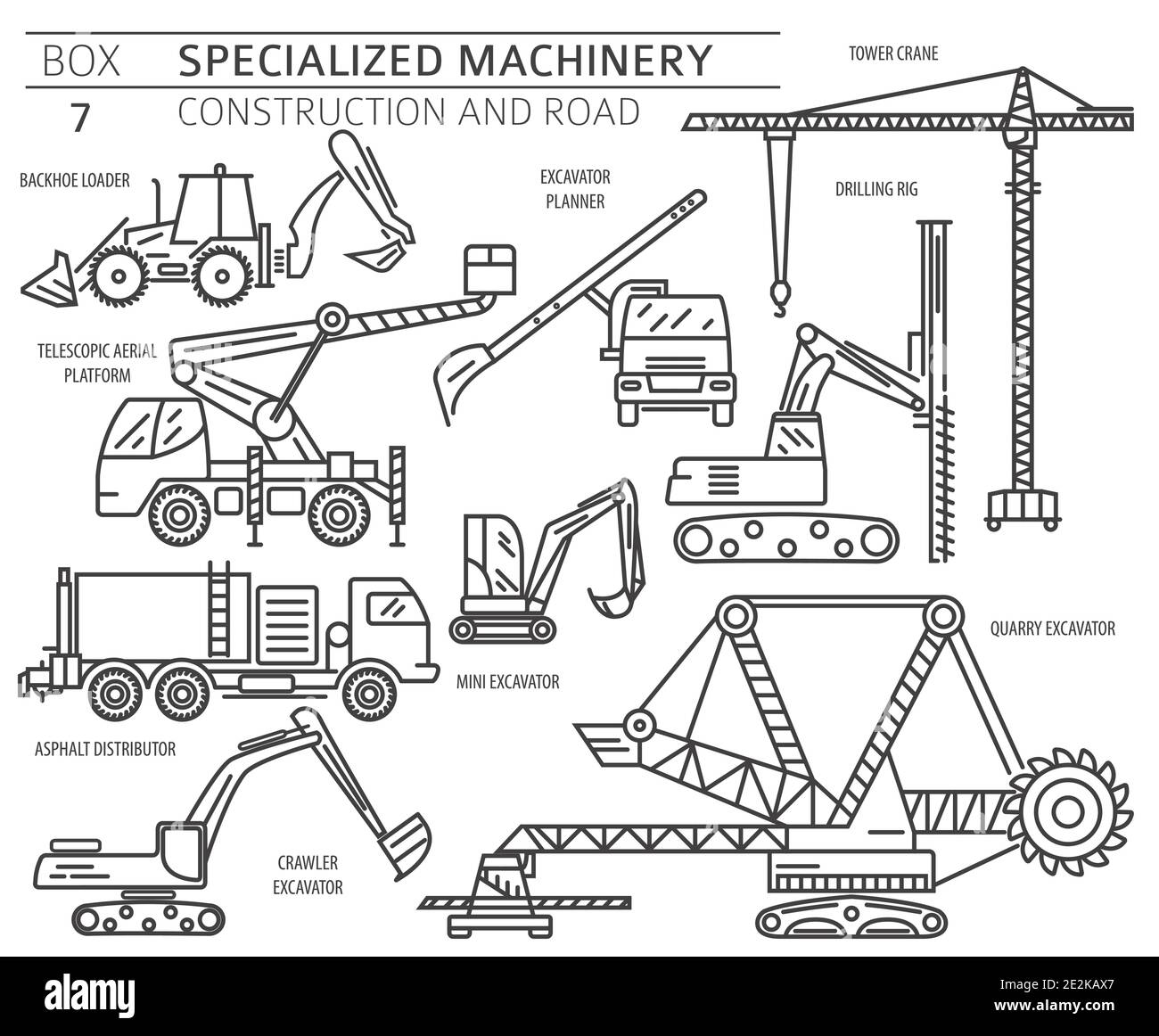 Special industrial construction and road machine linear vector icon set ...