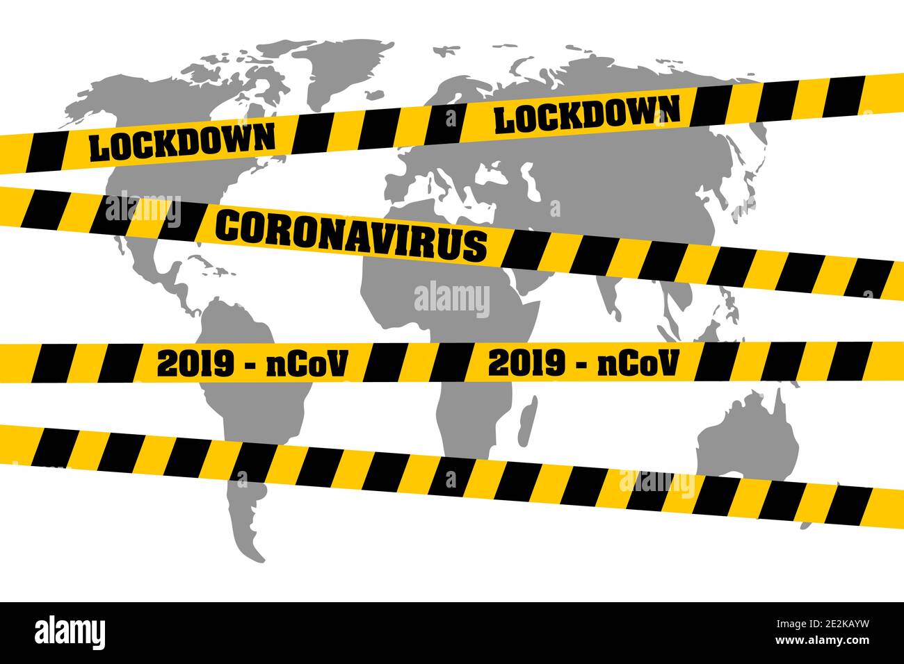 Virus lockdown barrier tape over world map. Coronavirus pandemic ...