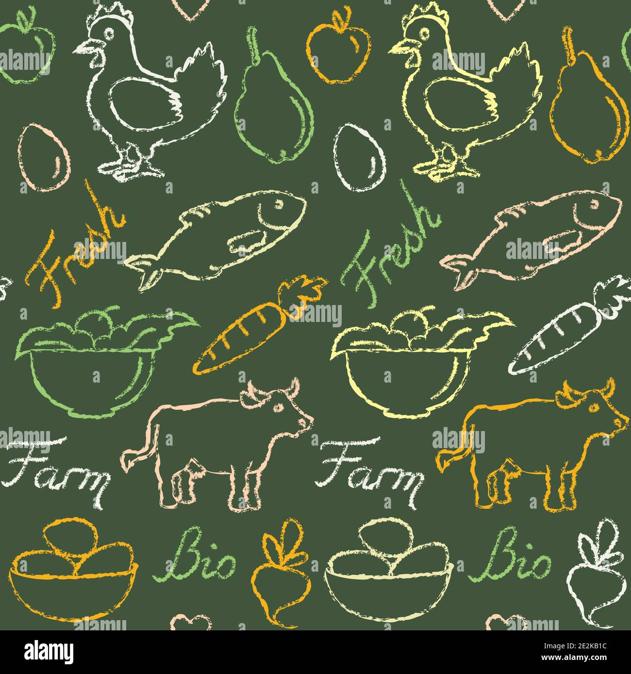 Seamless pattern with hand drawn farm food symbols and lettering Stock ...