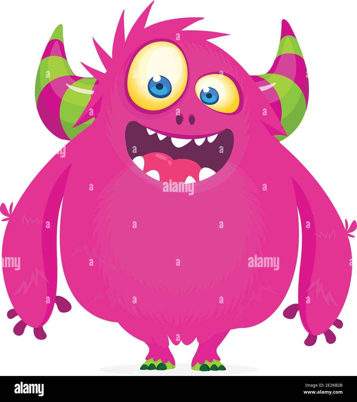 Cute cartoon monster with horns. Smiling monster emotion with big mouth ...