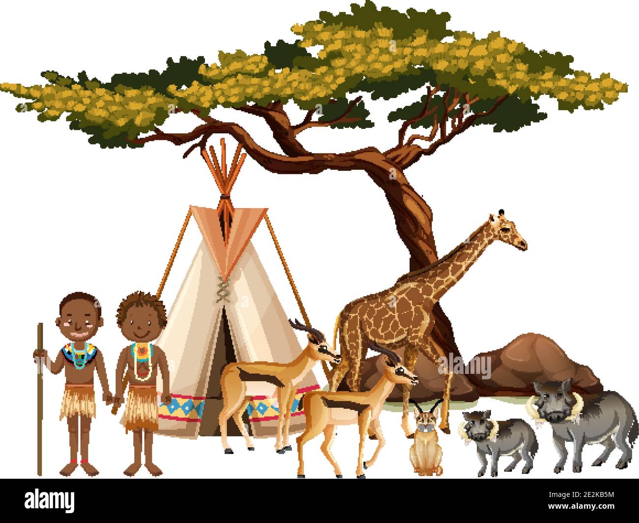 African tribe with group of wild african animal on white background ...