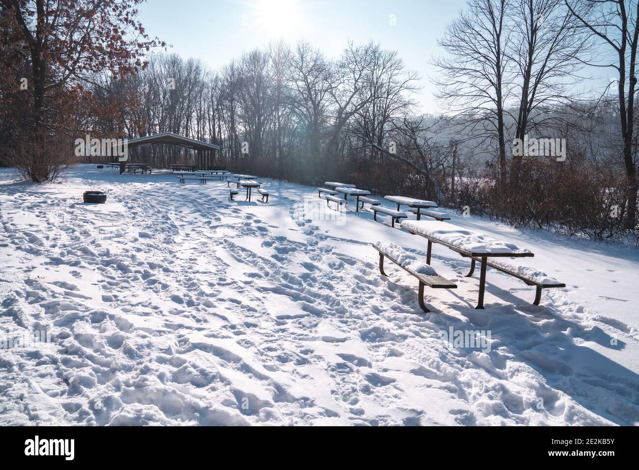 Snow covered picnic tables and area in William O'Brien State Park ...