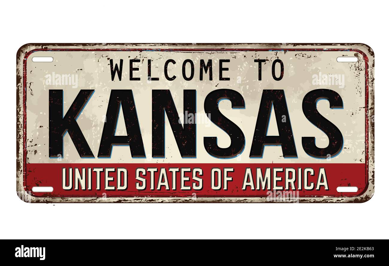Welcome to Kansas vintage rusty metal plate on a white background ...