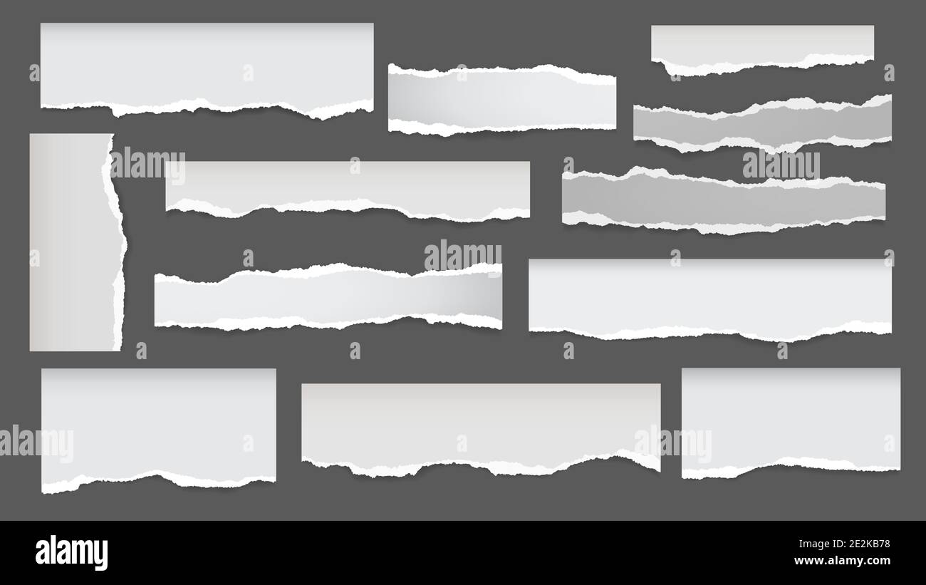 Set of torn white note, notebook paper pieces stuck on dark grey ...