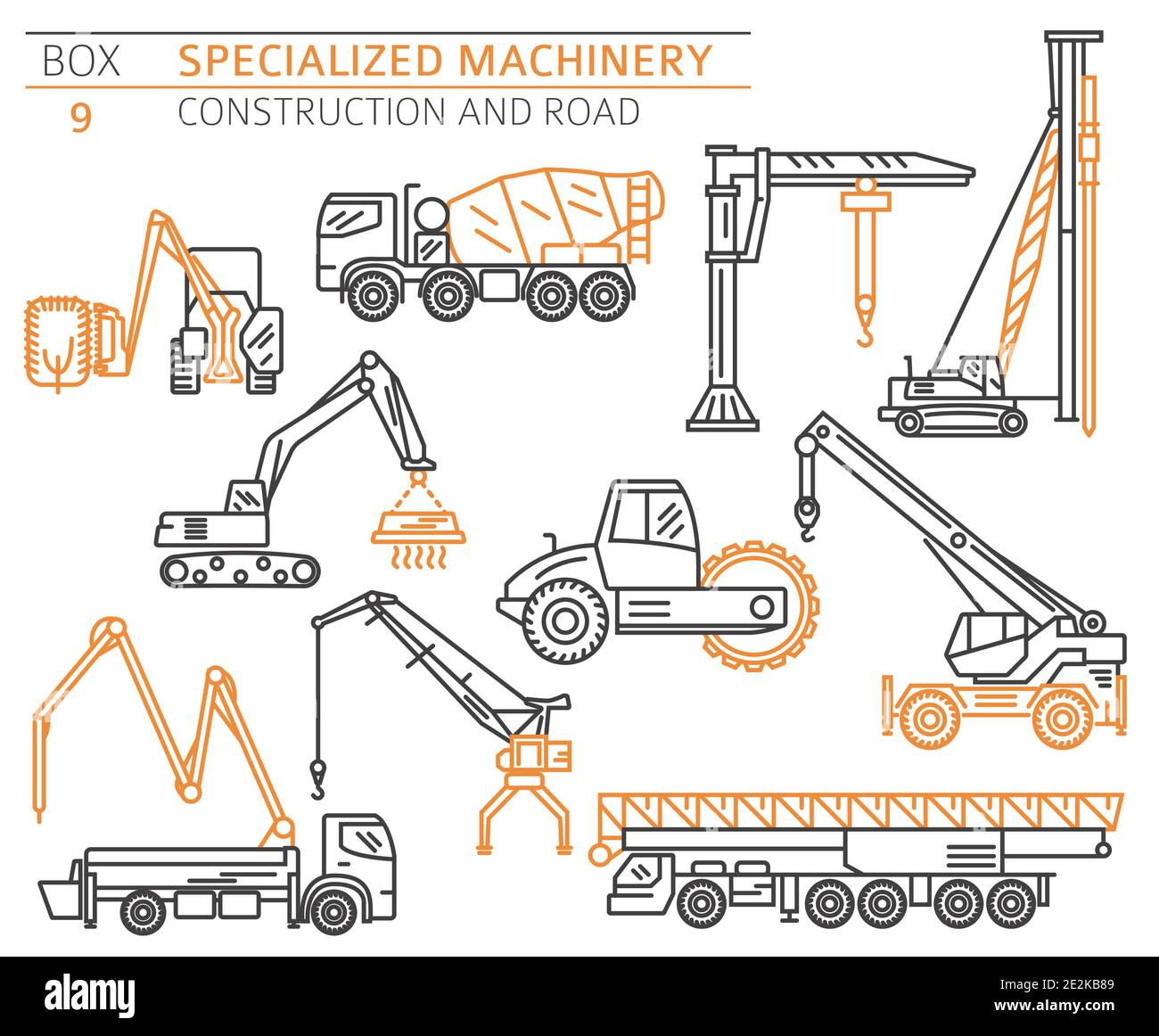 Special industrial construction and road machine linear vector icon set ...