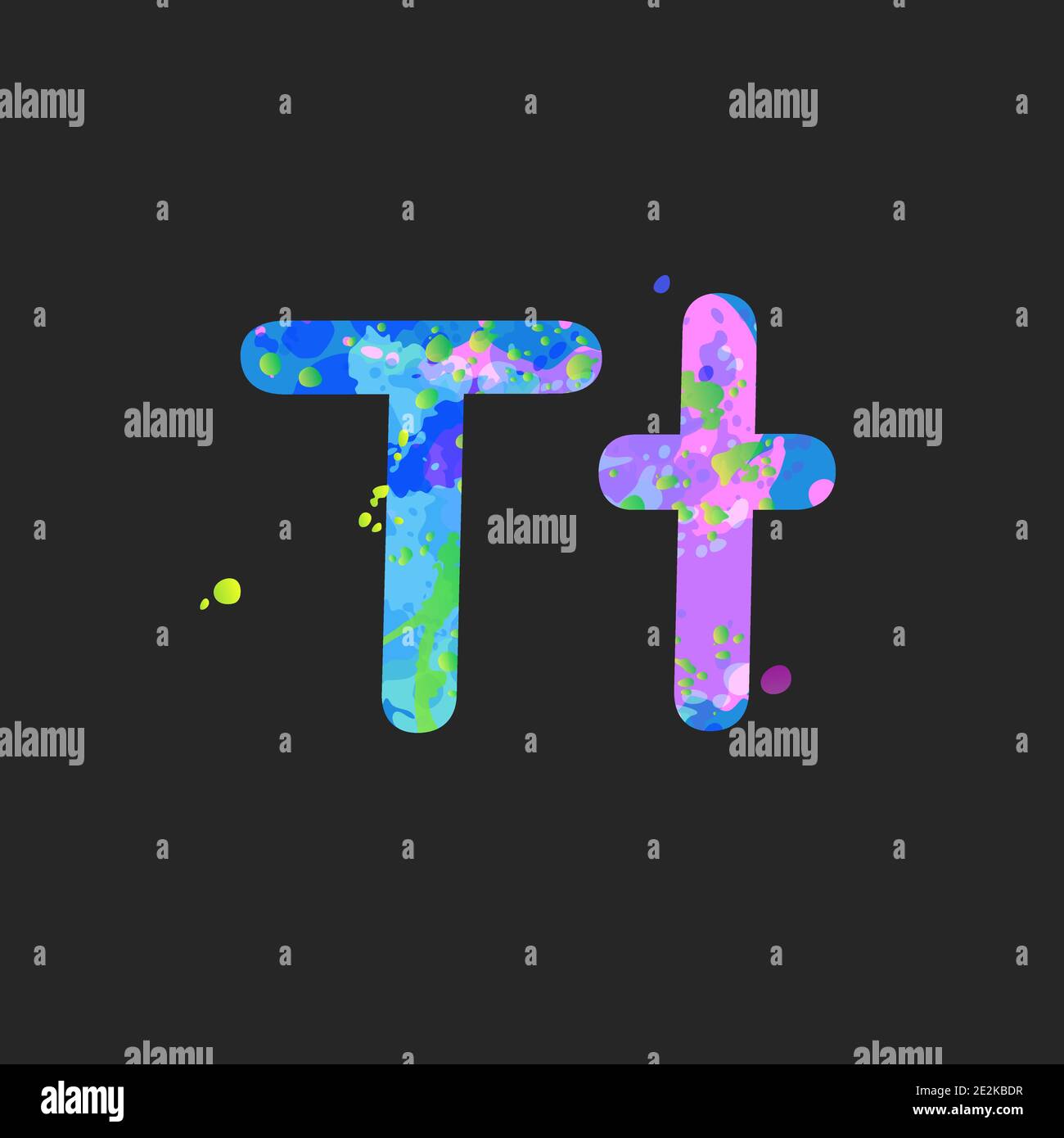 Letters T uppercase and lowercase with effect of liquid spots of paint ...