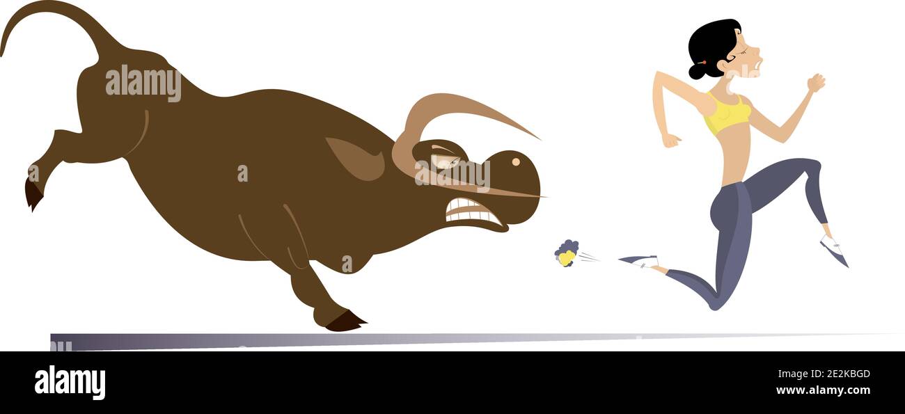 Cartoon running woman and angry bull illustration. Frightened sport ...