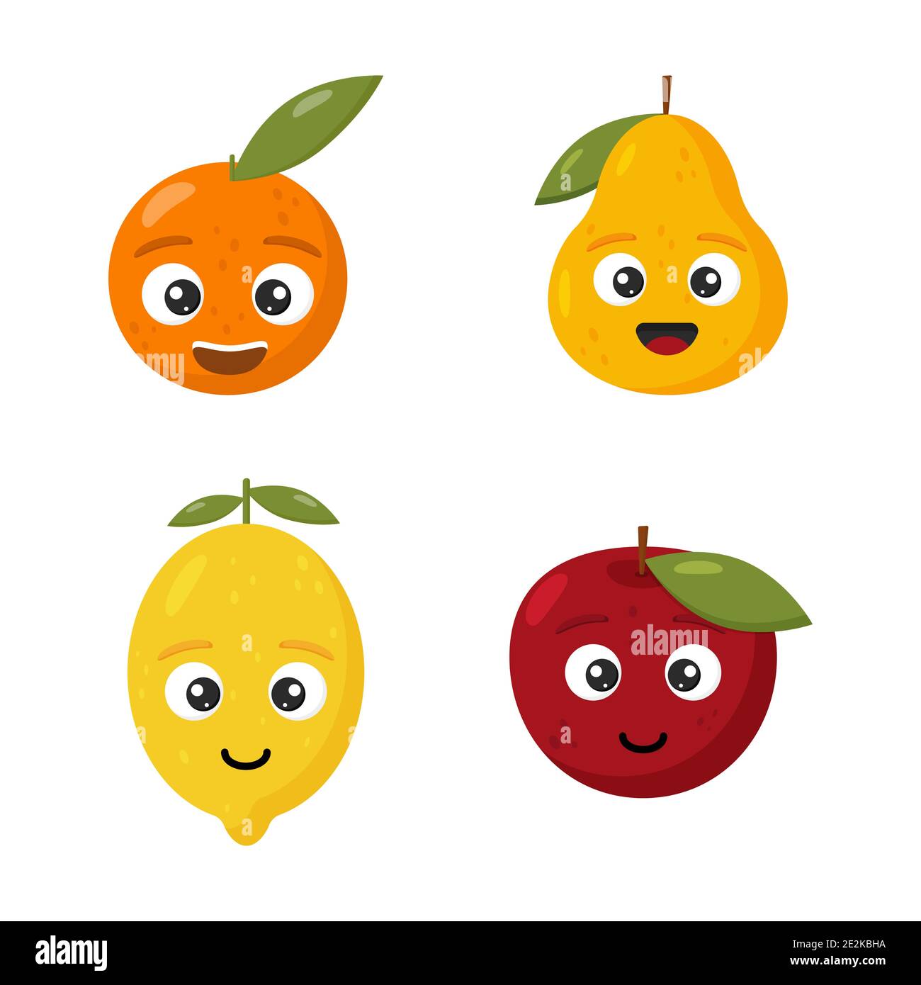 Vector illustration. Set cartoon fruits. Happy cute lemon, apple ...