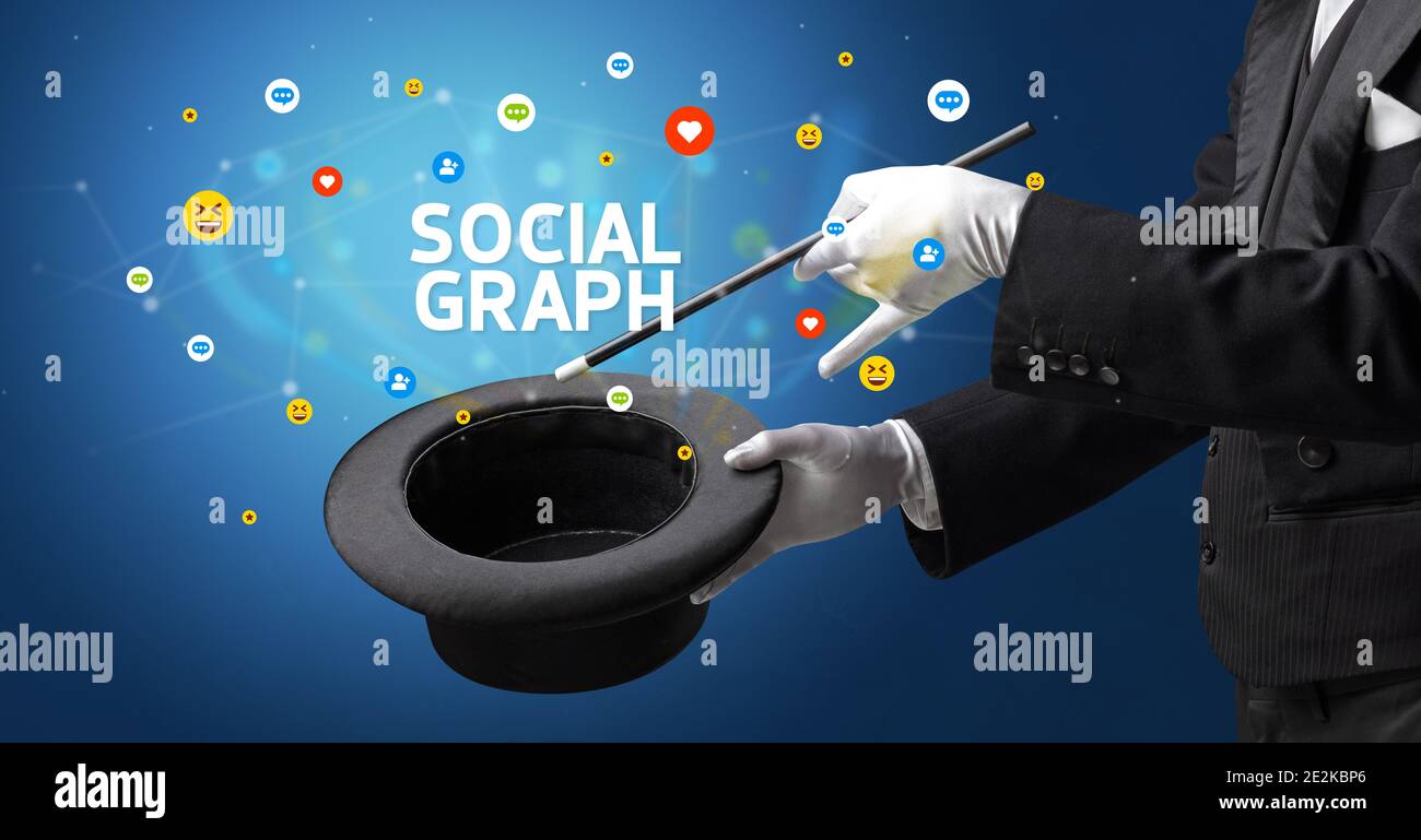 Magician is showing magic trick with SOCIAL GRAPH inscription, social ...