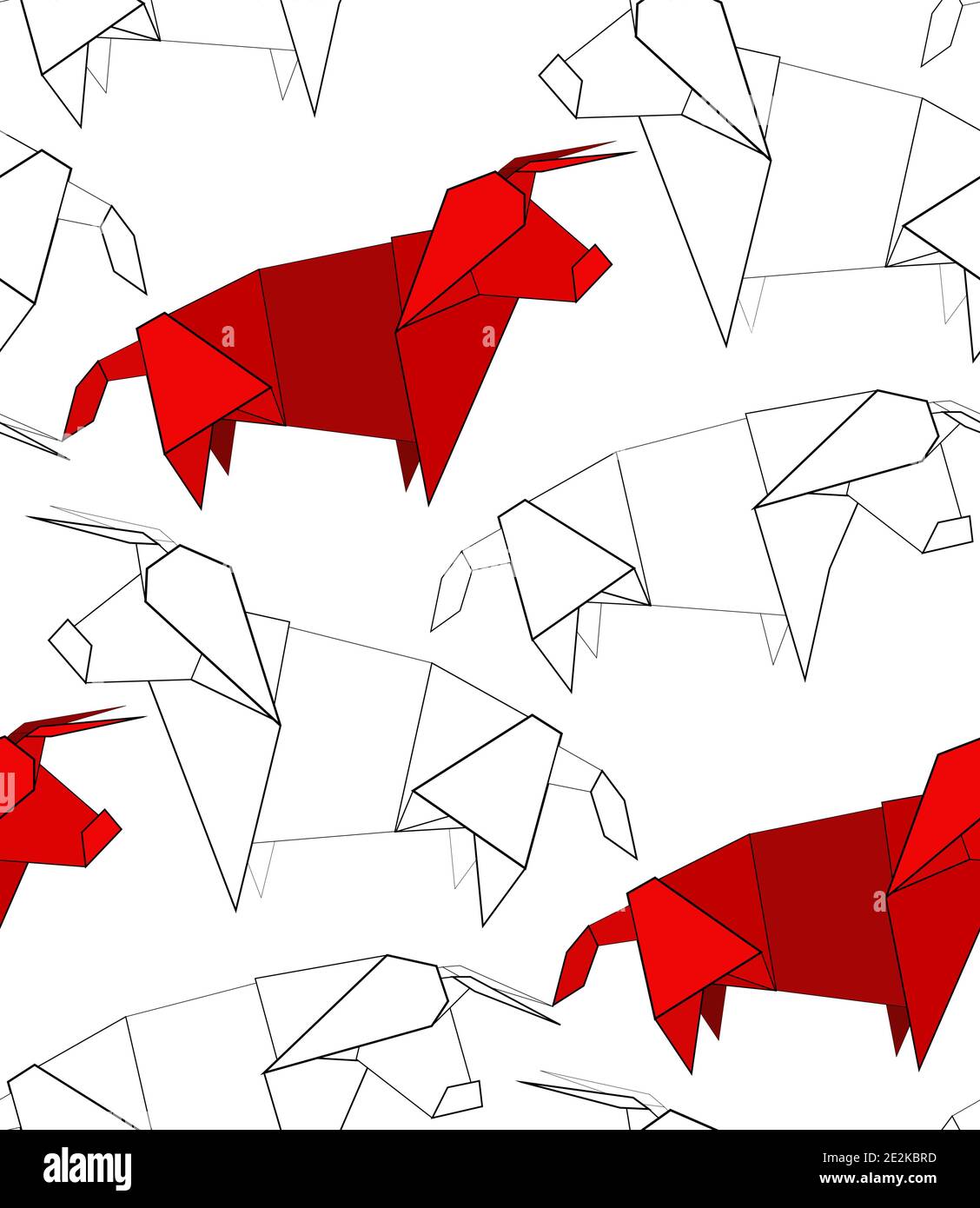 Seamless pattern of outline origami bulls made of paper on white ...
