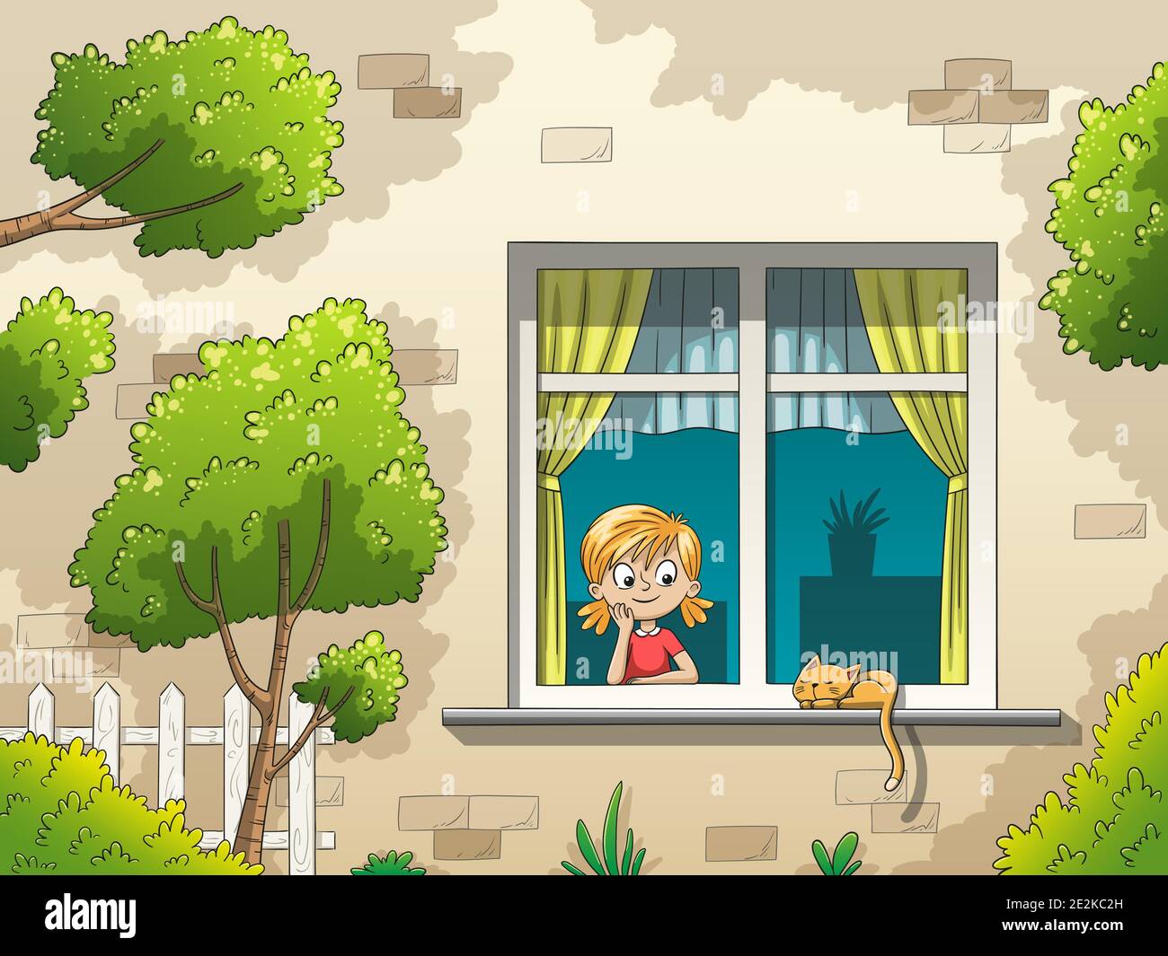 Girl looks out of window. Hand drawn vector illustration with separate ...