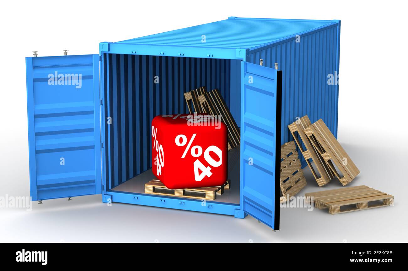 Open blue cargo container with big red cube labeled forty percentage of ...