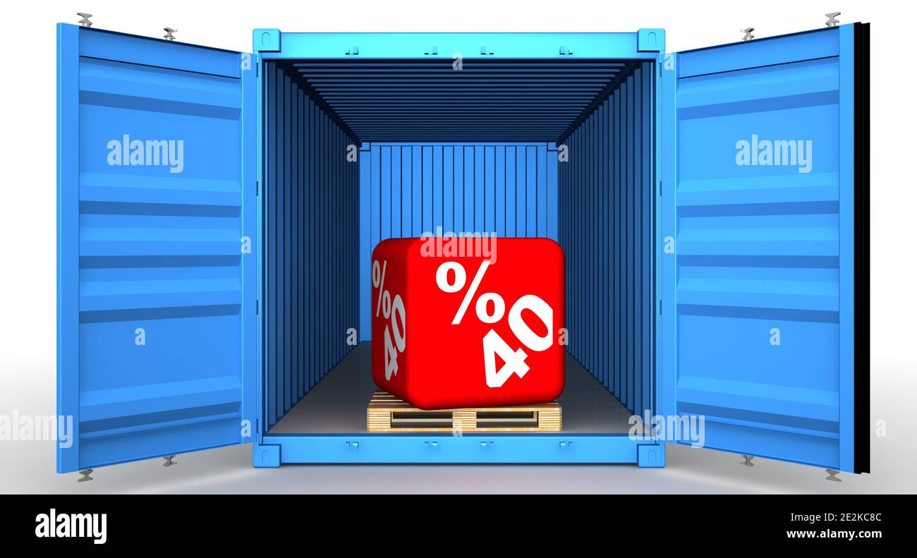 Open blue cargo container with big red cube labeled forty percentage of ...