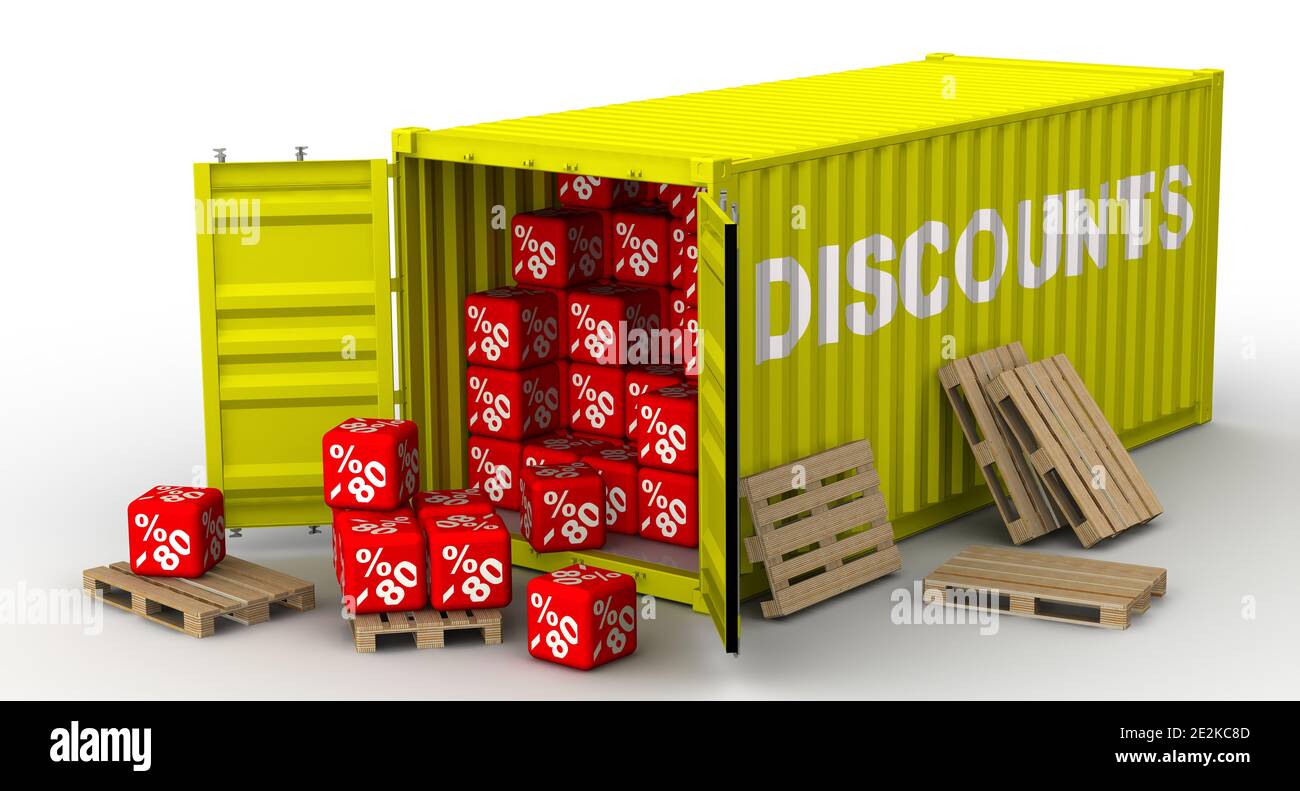 Full yellow cargo container labeled with white word DISCOUNTS and ...