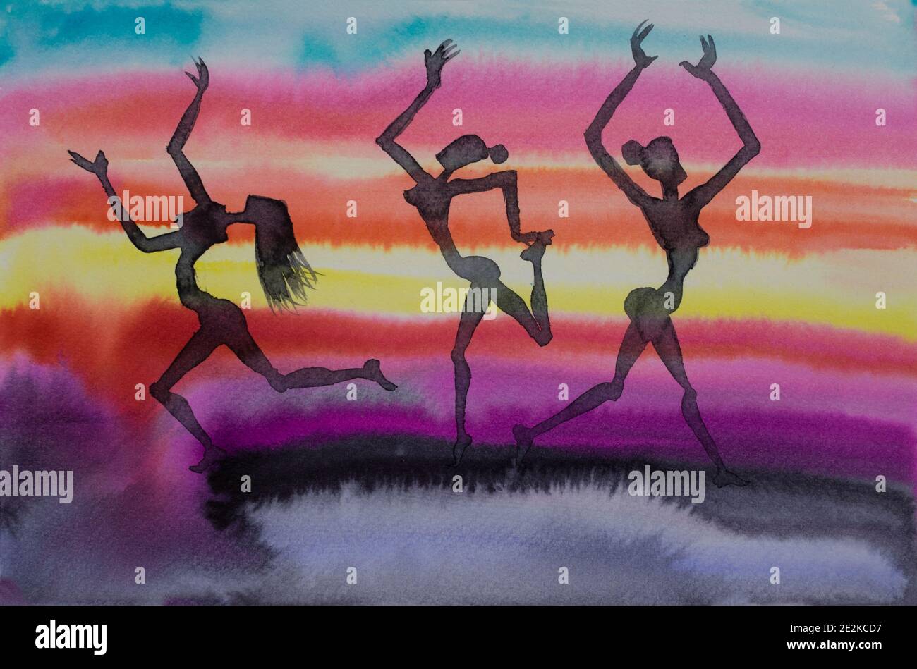 three women silhouette dance colorful watercolor illustration Stock ...