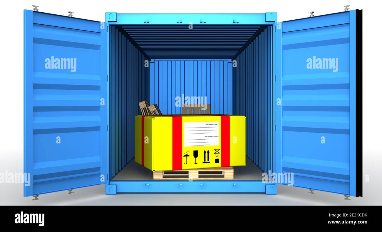 Delivery of big parcel. Yellow parcel lies on a pallet in the open ...