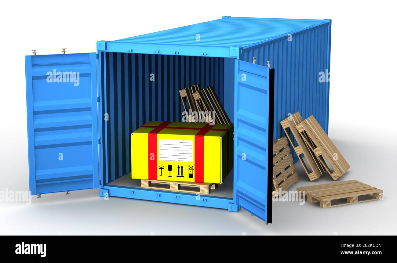 Delivery of big parcel. Yellow parcel lies on a pallet in the open ...