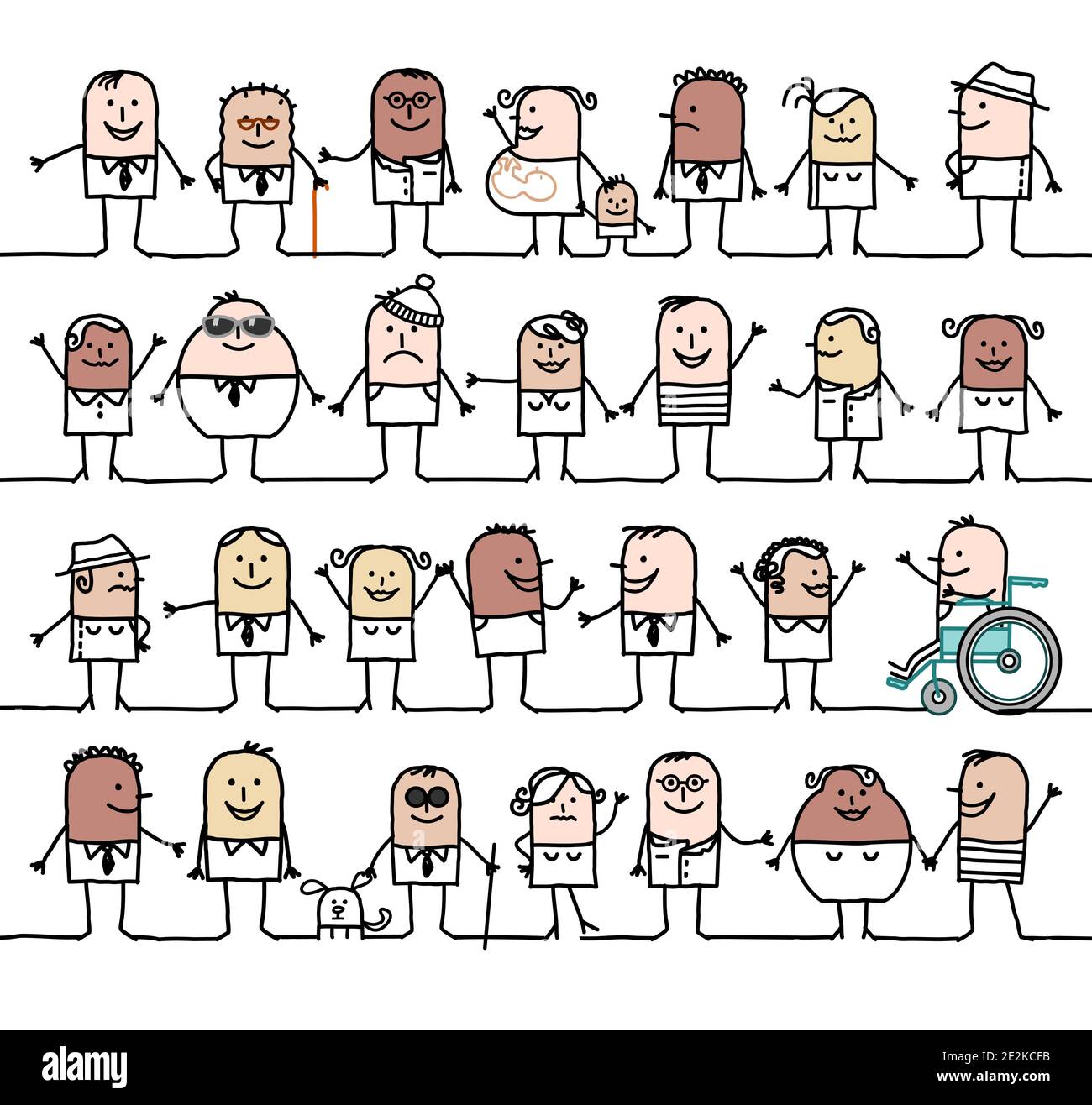 Hand drawn Cartoon group of mixed social and ethnically people Stock ...