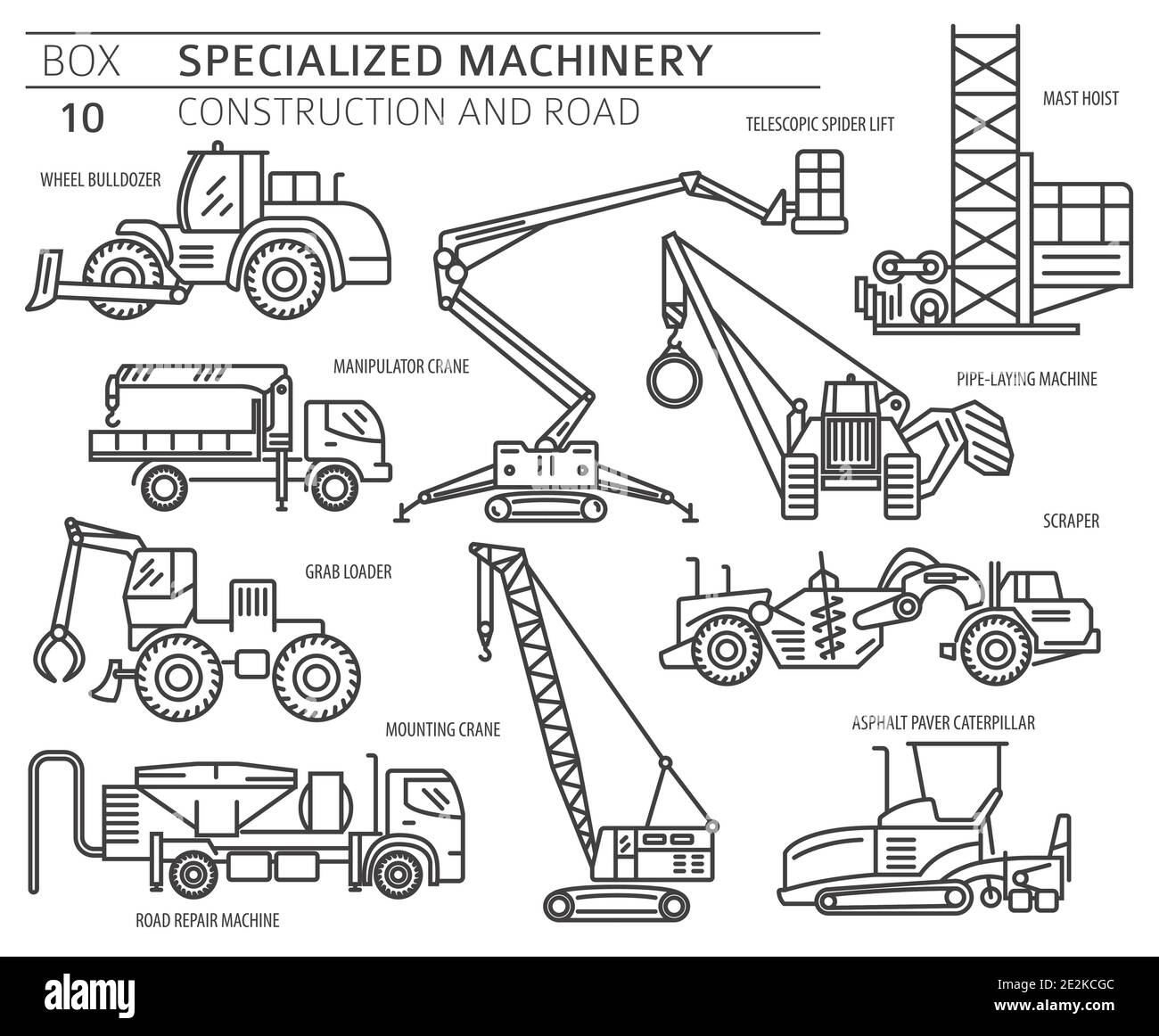 Special industrial construction and road machine linear vector icon set ...