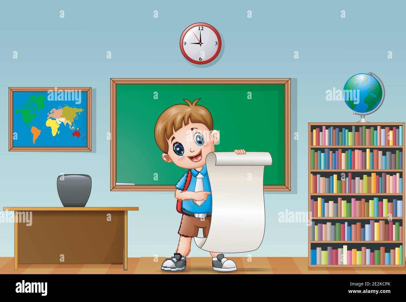 Vector illustration of Schoolboy holding paper in a classroom Stock ...