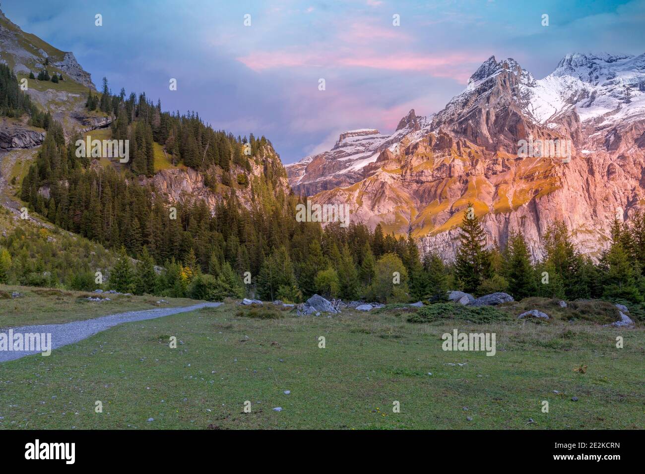 Sunset pink snow Swiss Alps mountains panorama, Kandersteg, Switzerland ...