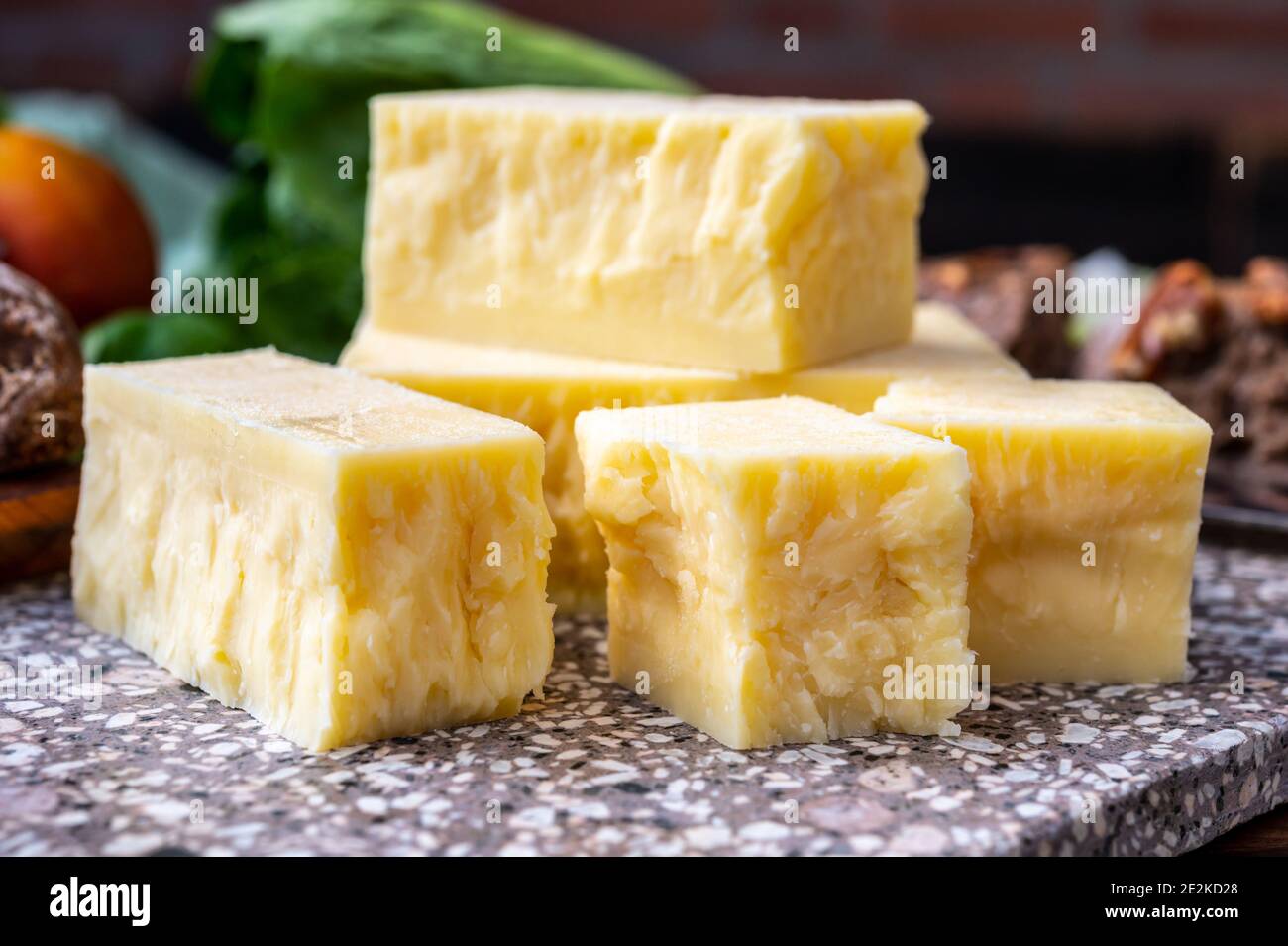 Cheese collection, pieces of aged British cheddar cheese close up Stock ...