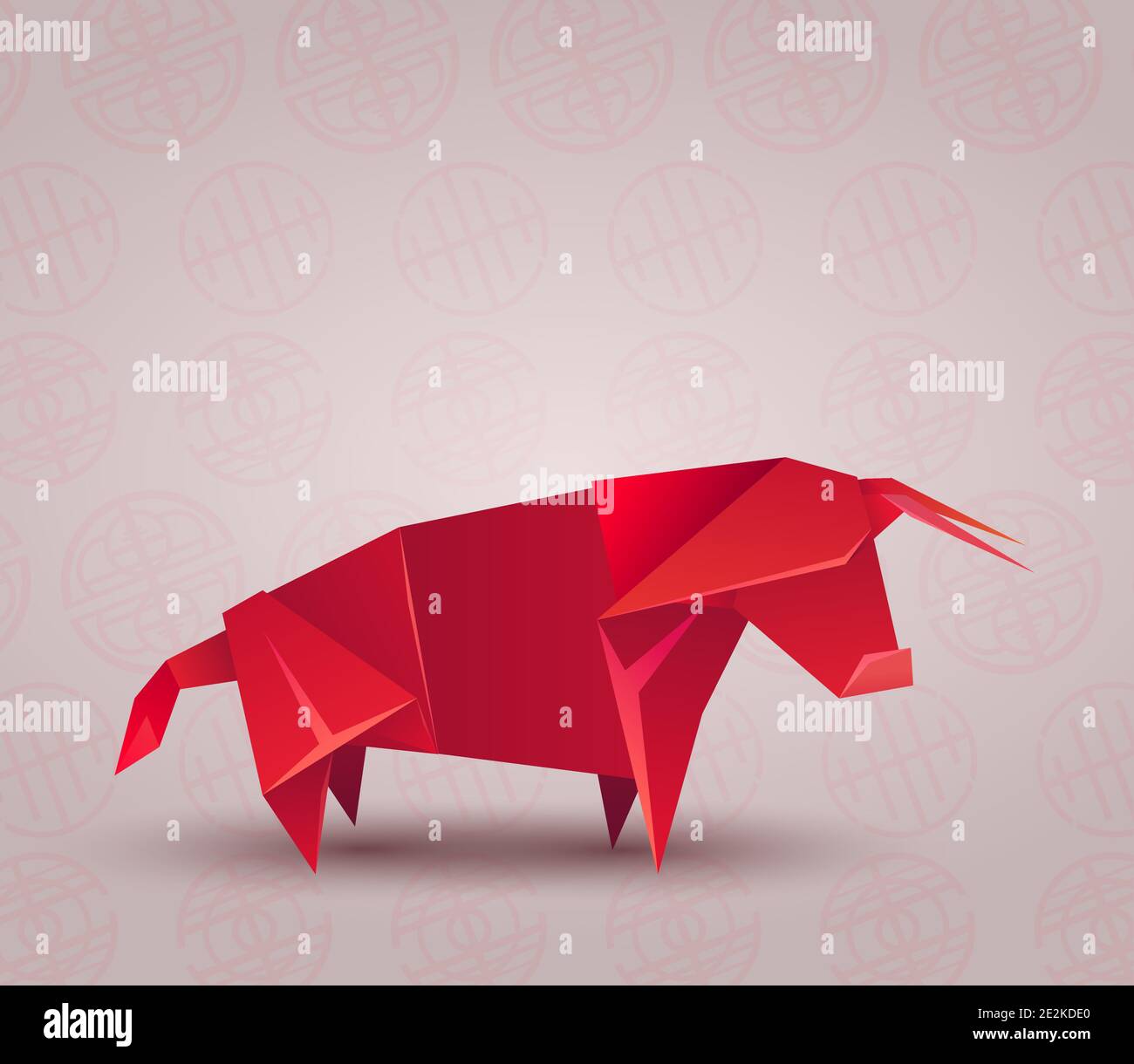 Red origami bull made of paper on Chinese background. The symbol of the ...