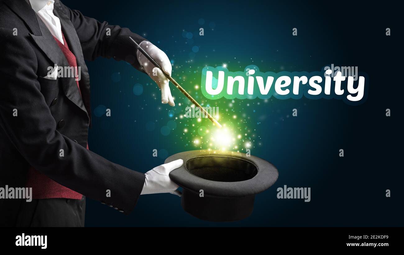 Magician is showing magic trick with University inscription ...