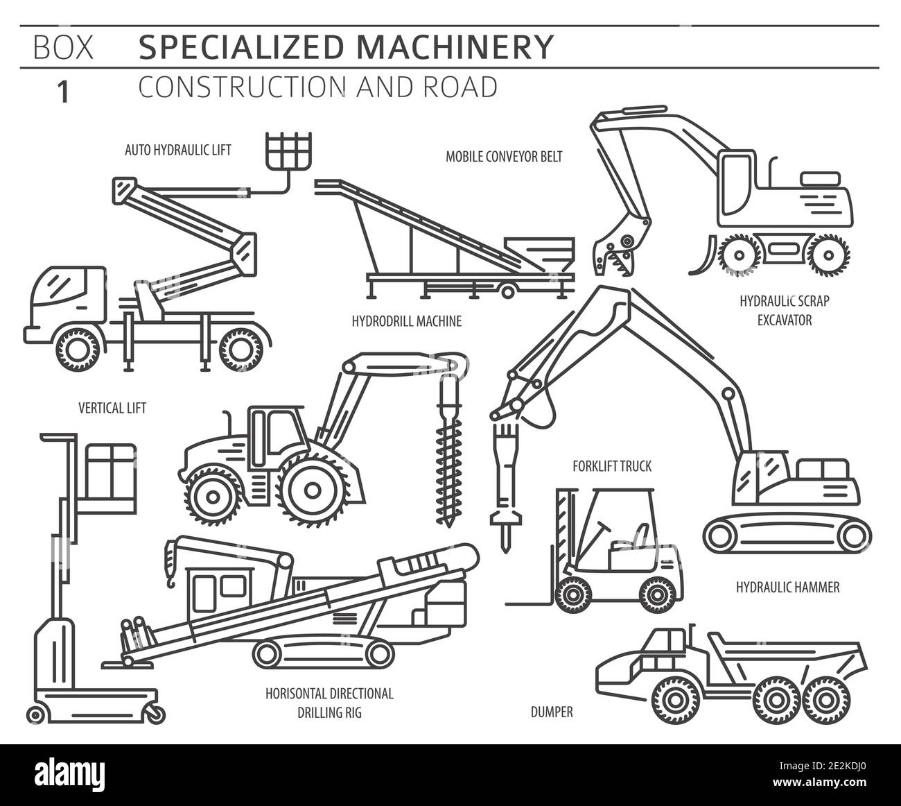 Special industrial construction and road machine linear vector icon set ...