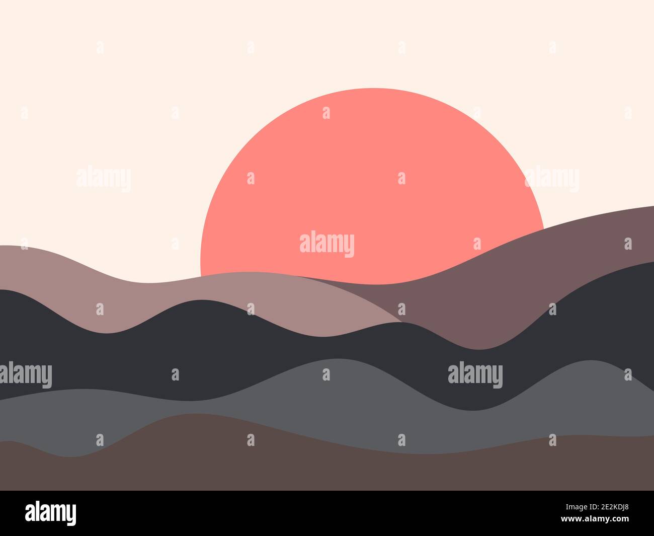 Wavy landscape in a minimalistic style. Sunset landscape with hills ...