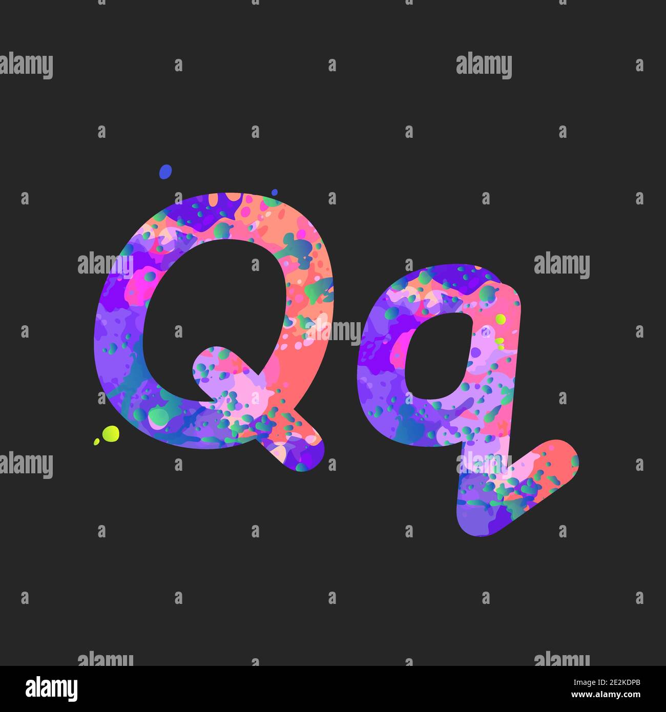 Letters Q uppercase and lowercase with effect of liquid spots of paint ...