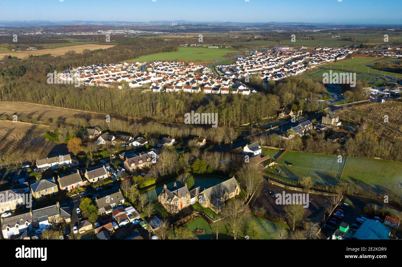 Aerial panoramic view of Calderwood housing development on the edge on ...