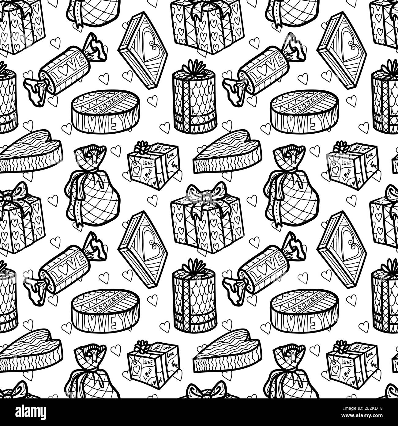 Valentines Day theme doodle coloring book. Vector seamless antistress ...