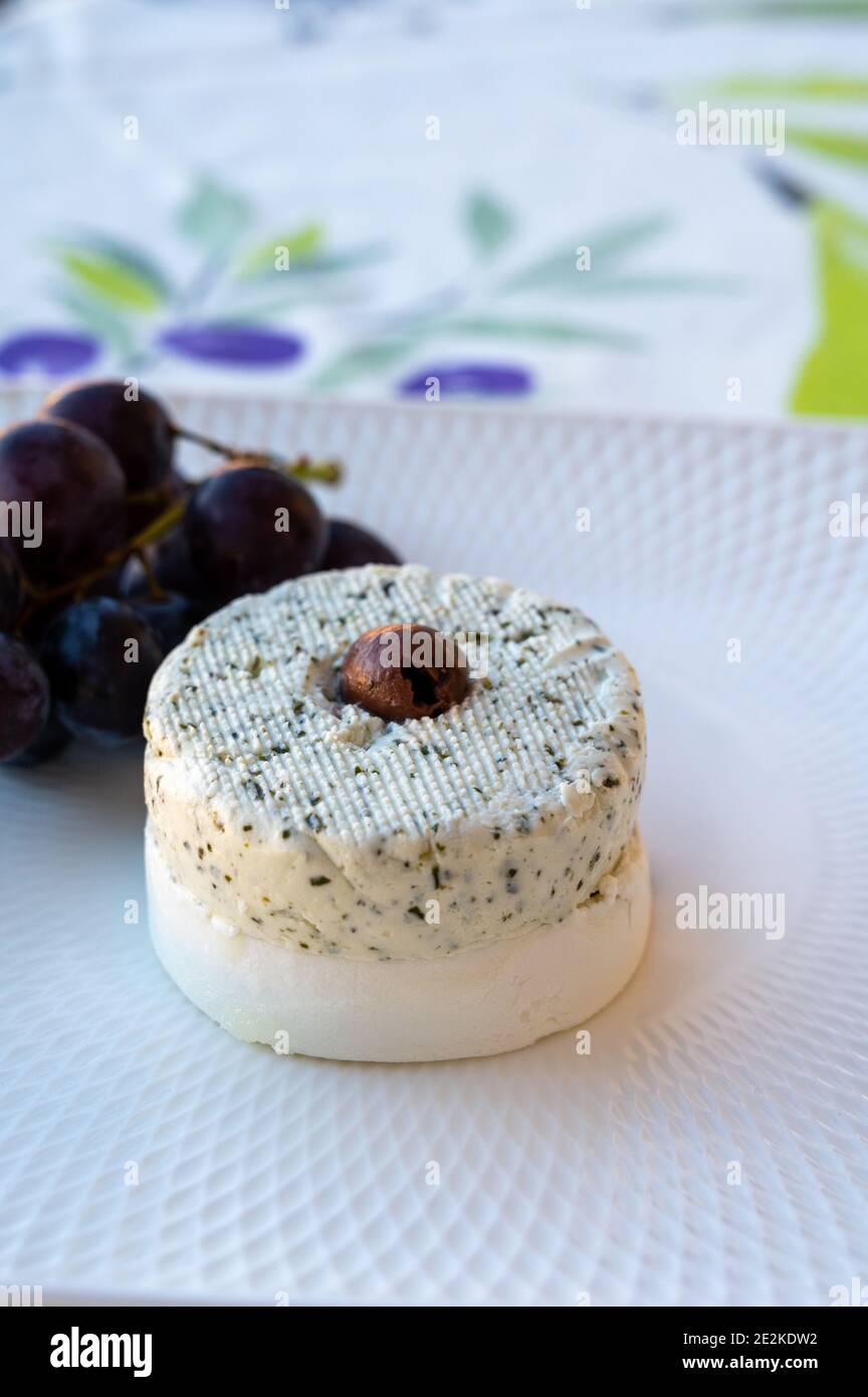 Cheese collection, French soft white goat cheese with aromatic herbs of ...