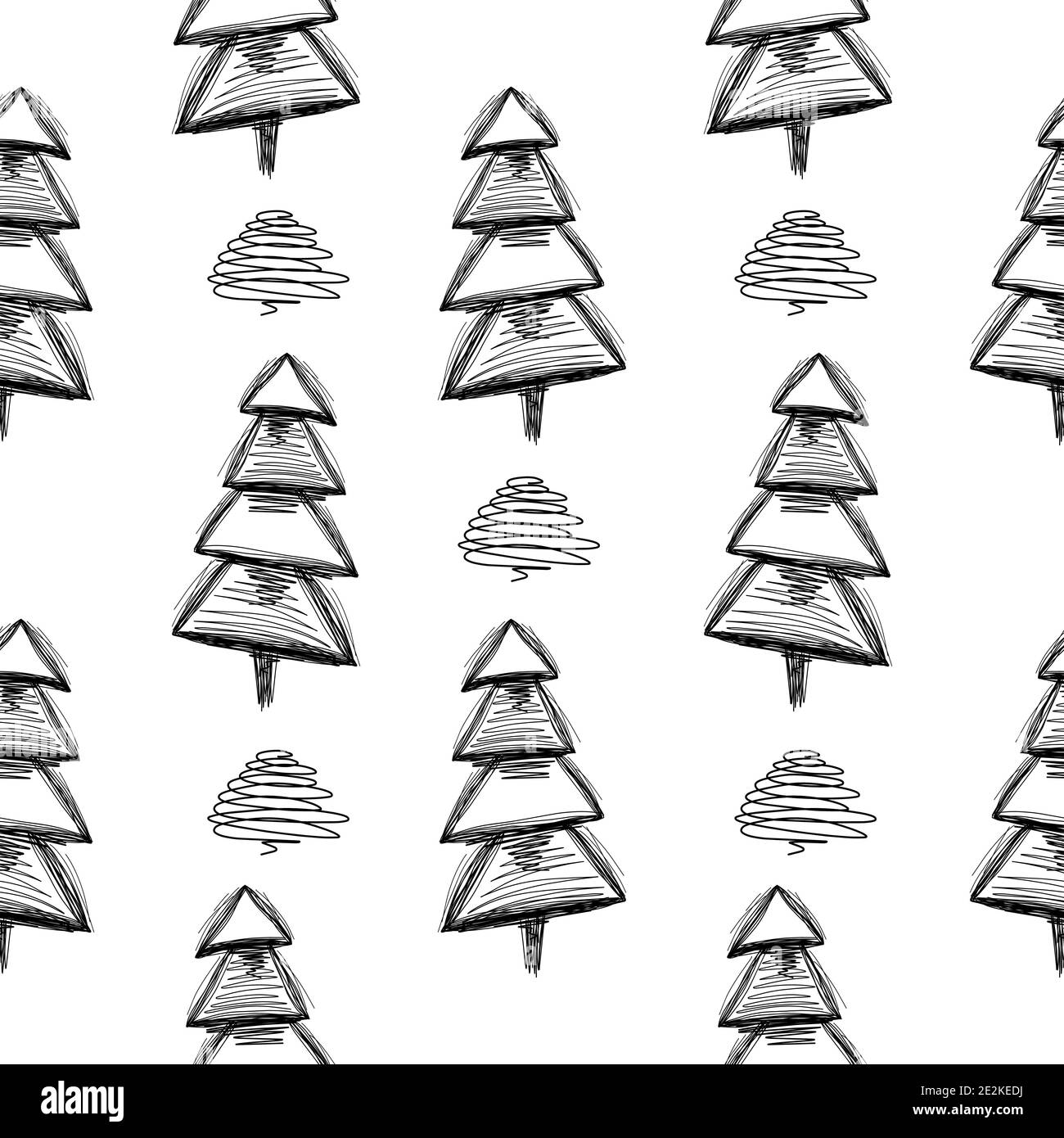 Seamless pattern of various simple lagom fir trees with hatching. Hand ...